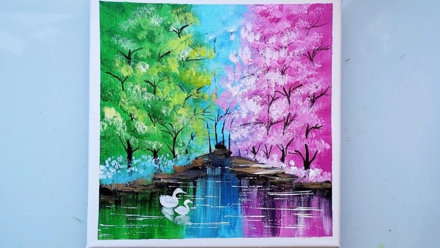 简单唯美湖边风景画/手绘/丙烯画/初学者学习绘画入门教程