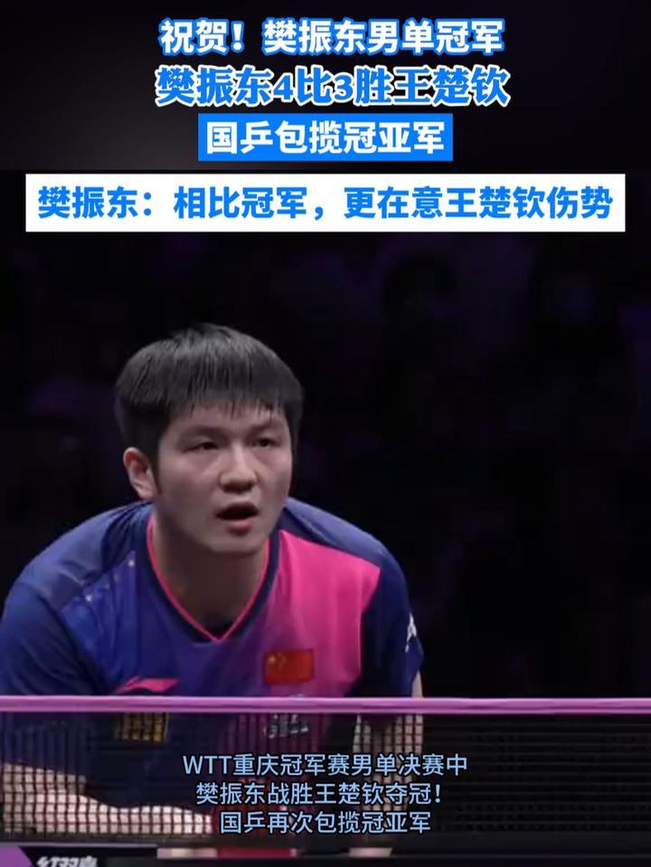 祝贺!樊振东男单冠军,樊振东:相比冠军,更在意王楚钦伤势