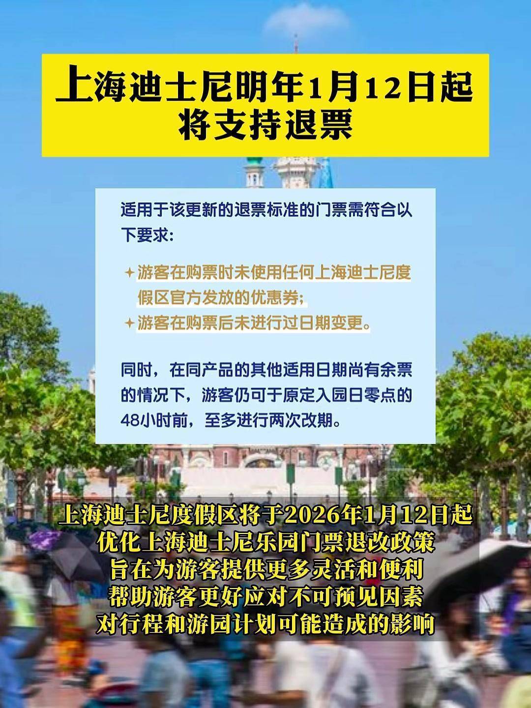...度假区将于2026年1月12日起优化上海迪士尼乐园门票退改政策,旨在...