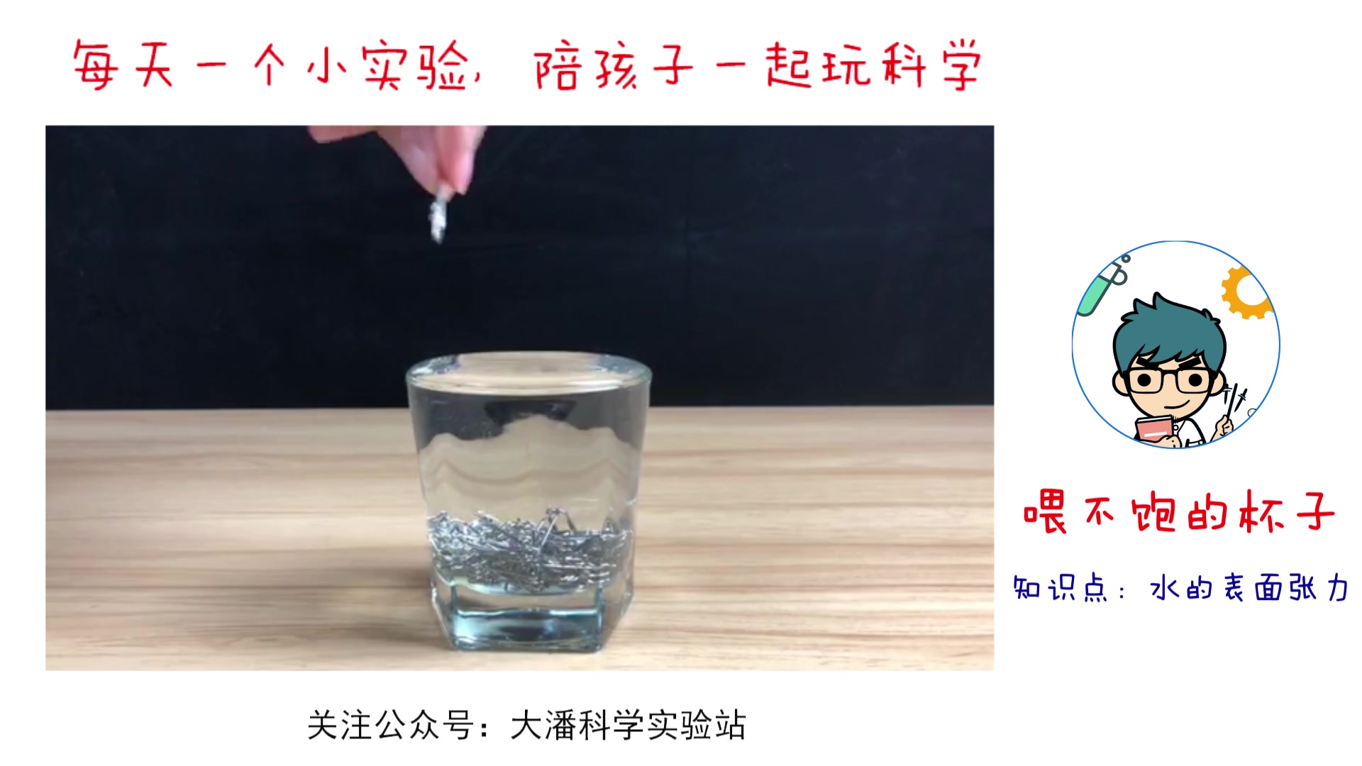 科学小实验:倒满水的杯子,知道还能放多少回形针不溢水吗?