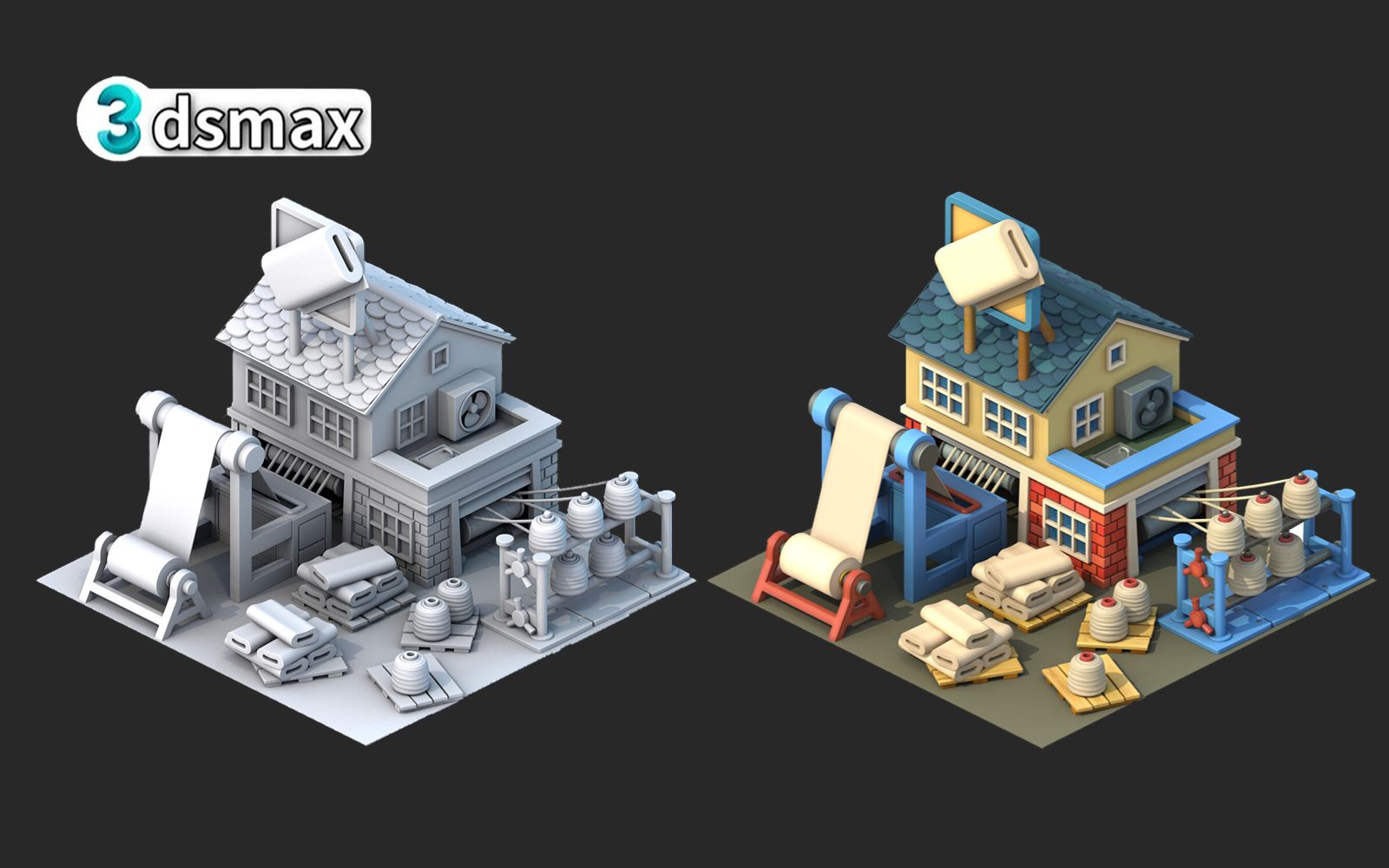 【3DMAX建模】卡通小场景完整模型制作,3dmax零基础建模案例教学