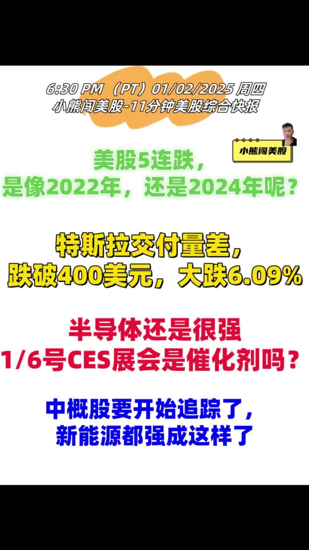 美股5连跌, 是像2022年,还是像2024年呢? 6:30 PM (PT)01/02/2025 ...