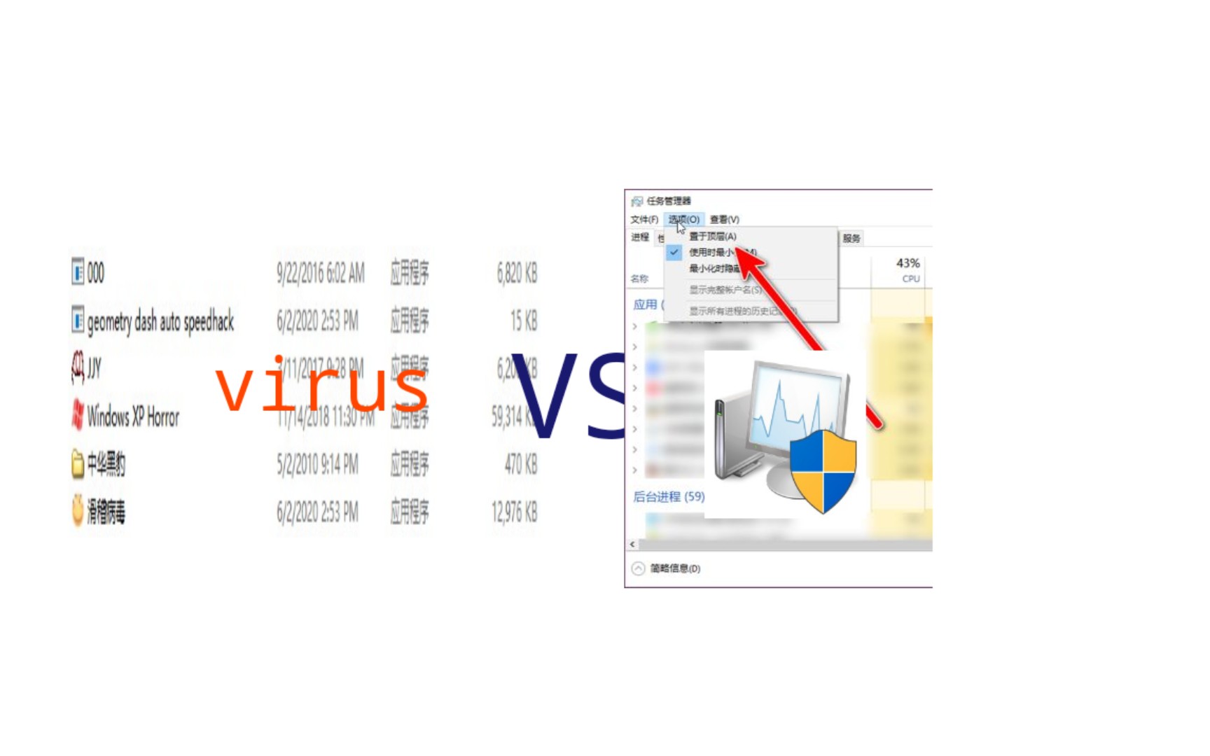 既然任务管理器的“置于顶层”很厉害,那病毒能打败它吗?