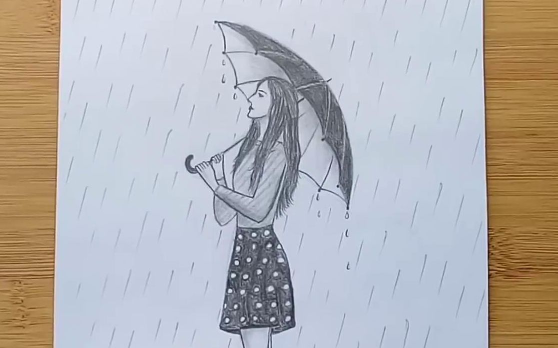【手绘】教你如何画打着雨伞的女孩