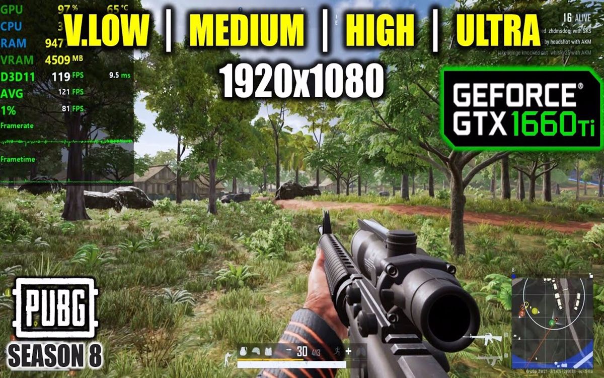 (机翻字幕)GTX 1660 Ti在绝地求生[1080p分辨率]不同画面设置下的表现