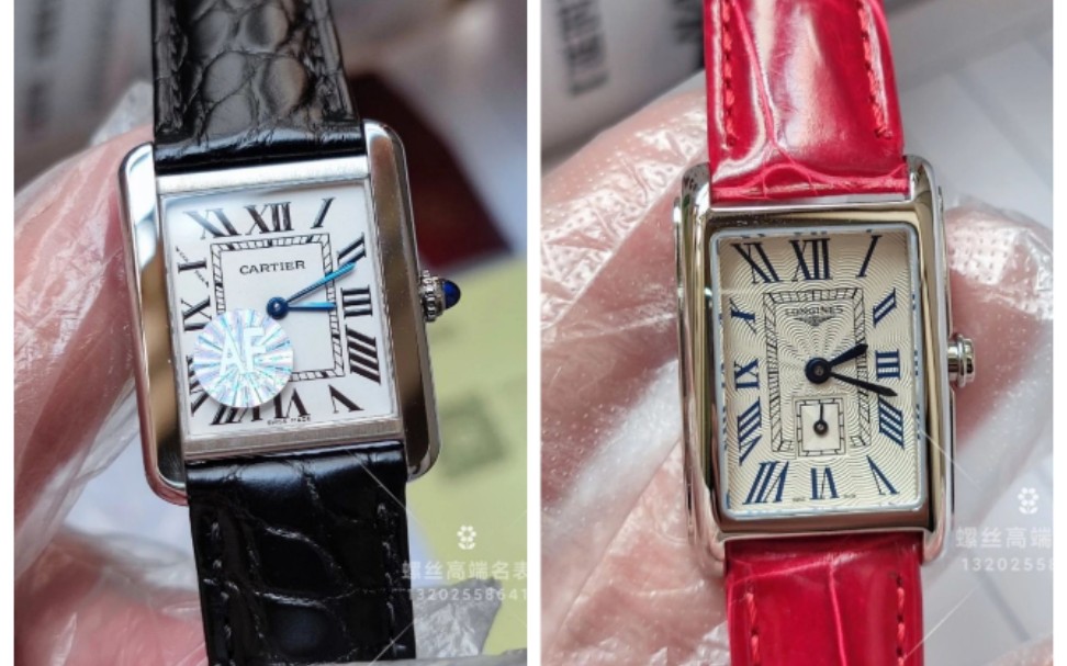 两只不同牌子的石英手表,长方形表壳、罗马刻度、简洁二针设计,不...