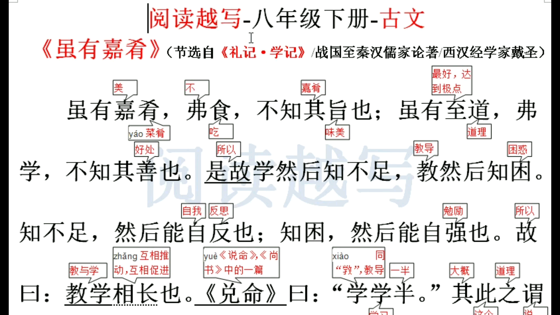 八年级下册文言文阅读:《虽有嘉肴》,教学相长,要在实践中发现问题和...
