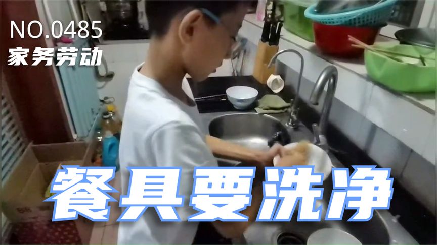 【家庭劳动教育】0485曹博洋的家务劳动,餐具要洗净,你会吗?