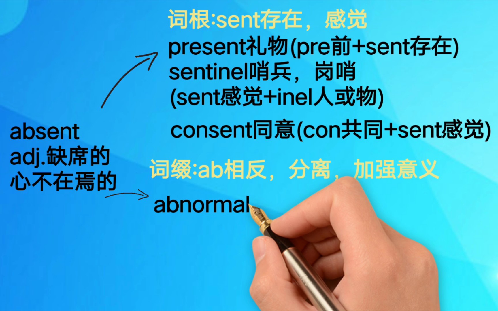 英语学习,词根词缀记忆单词absent,快速刷5000单词第六天