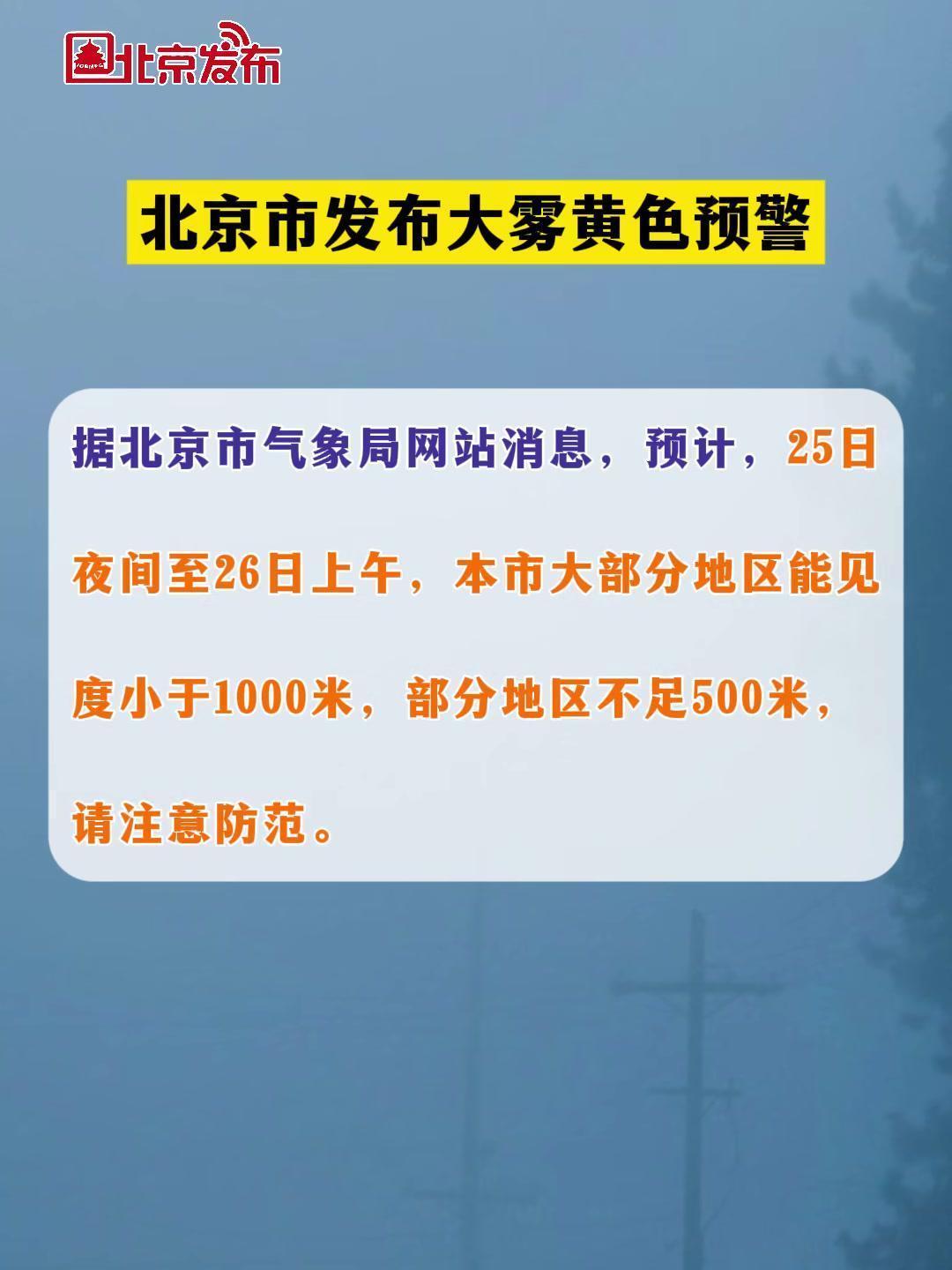 北京市发布大雾黄色预警#北京#本地新闻