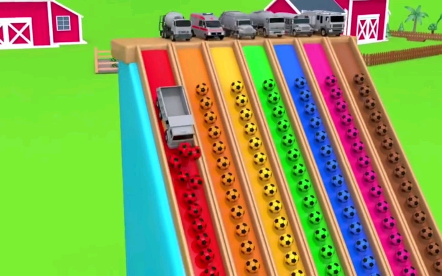 英语启蒙动画片 颜色汽车冲下超长滑滑梯撞击彩色足球 宝宝认识颜色