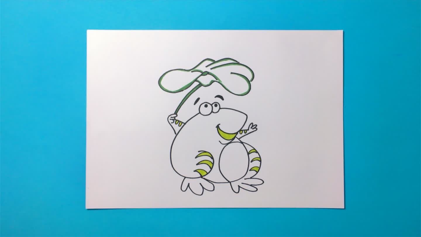 博卡简笔画:小青蛙好可爱,拿着荷叶在挡雨,我们画下这.