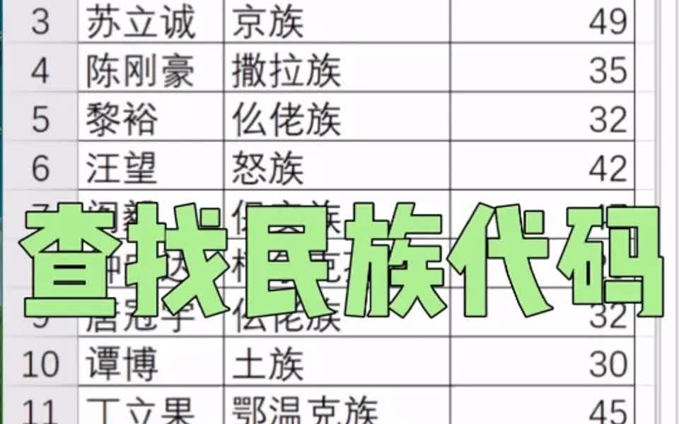 Excel函数查找匹配民族代码
