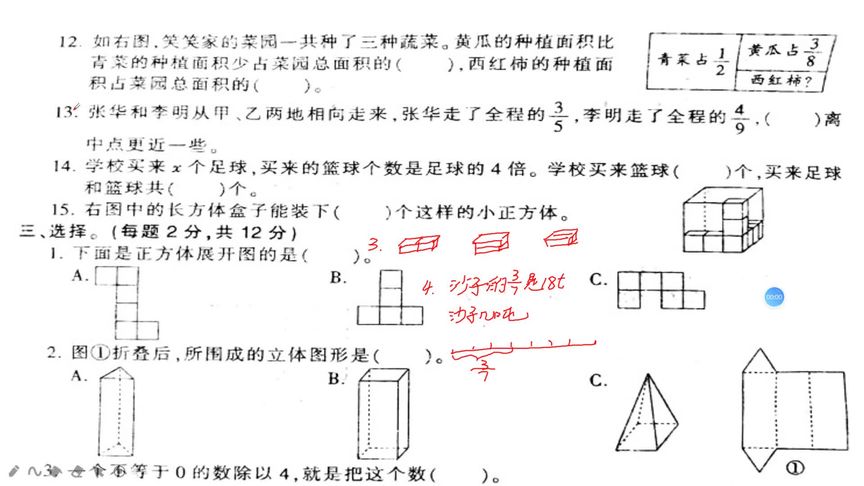 五年级下册期末试卷1,差倍问题,分数应用题,分数比大小