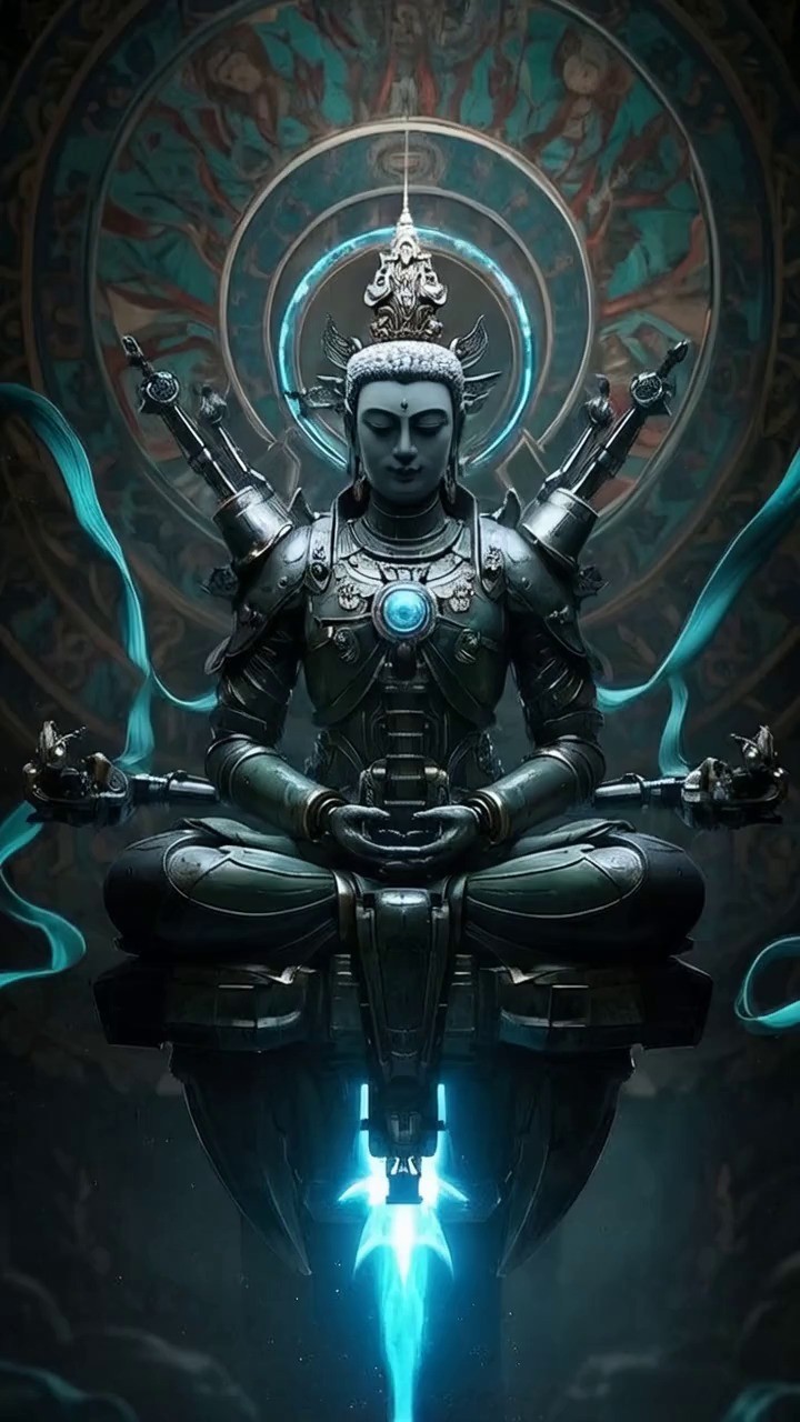 ...仿生机械臂结禅定手印,头部集成全息佛光能量环,背部悬浮粒子经轮,...