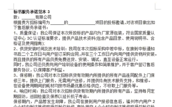 标书中 服务承诺范本