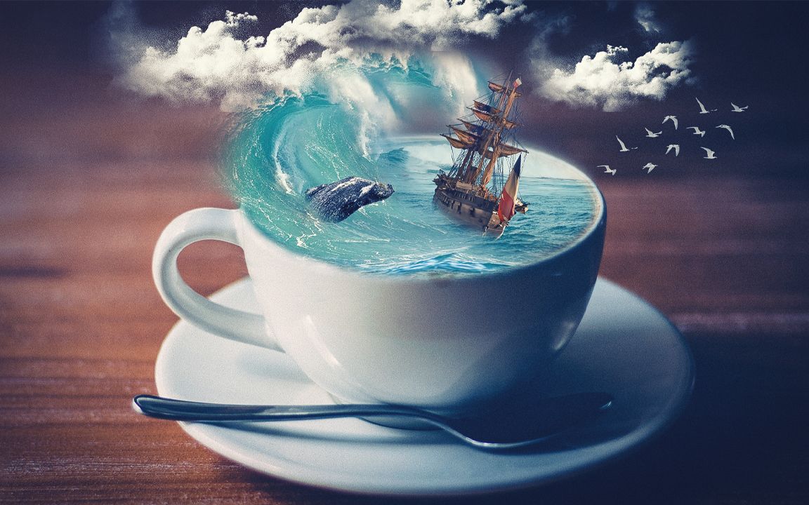 PS茶杯中的浪潮合成效果