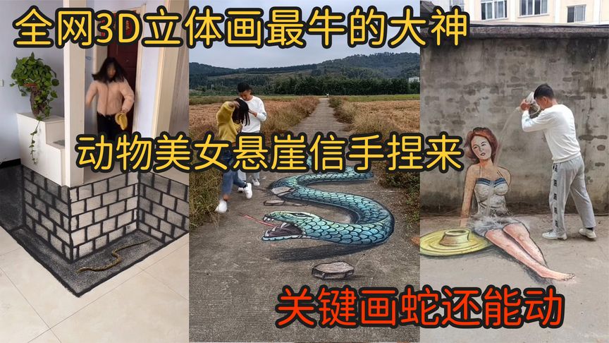 全网3D立体画最牛的大神,动物美女悬崖信手捏来,关键画蛇还能动