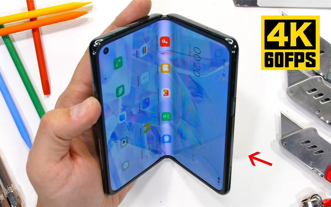 【4K60帧】杀手哥对 Oppo Find N 折叠屏手机耐用性测试 | JerryRig...