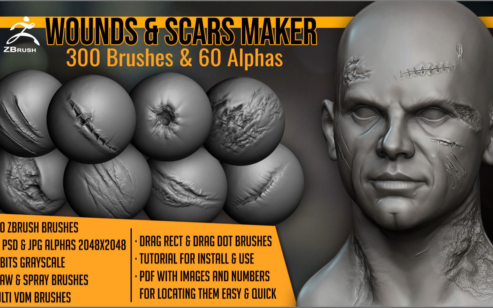 ...ZBrush皮肤烧伤损伤zbp笔刷ZB雕刻伤口疤痕疙瘩伤痕刀疤创伤alpha...