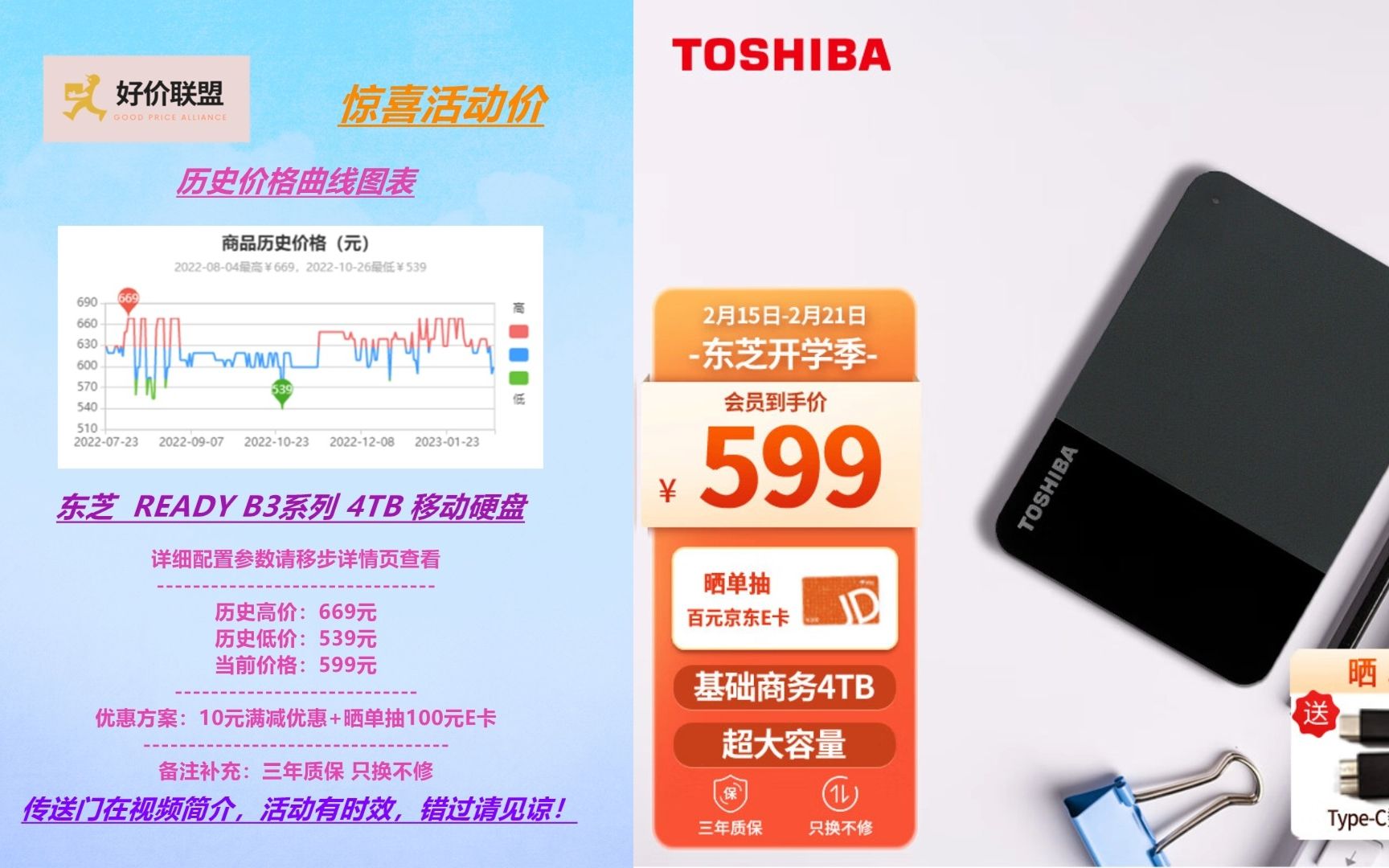 东芝(TOSHIBA) 4TB 移动硬盘 READY B3系列 USB3.2 Gen1 2.5英寸 ...
