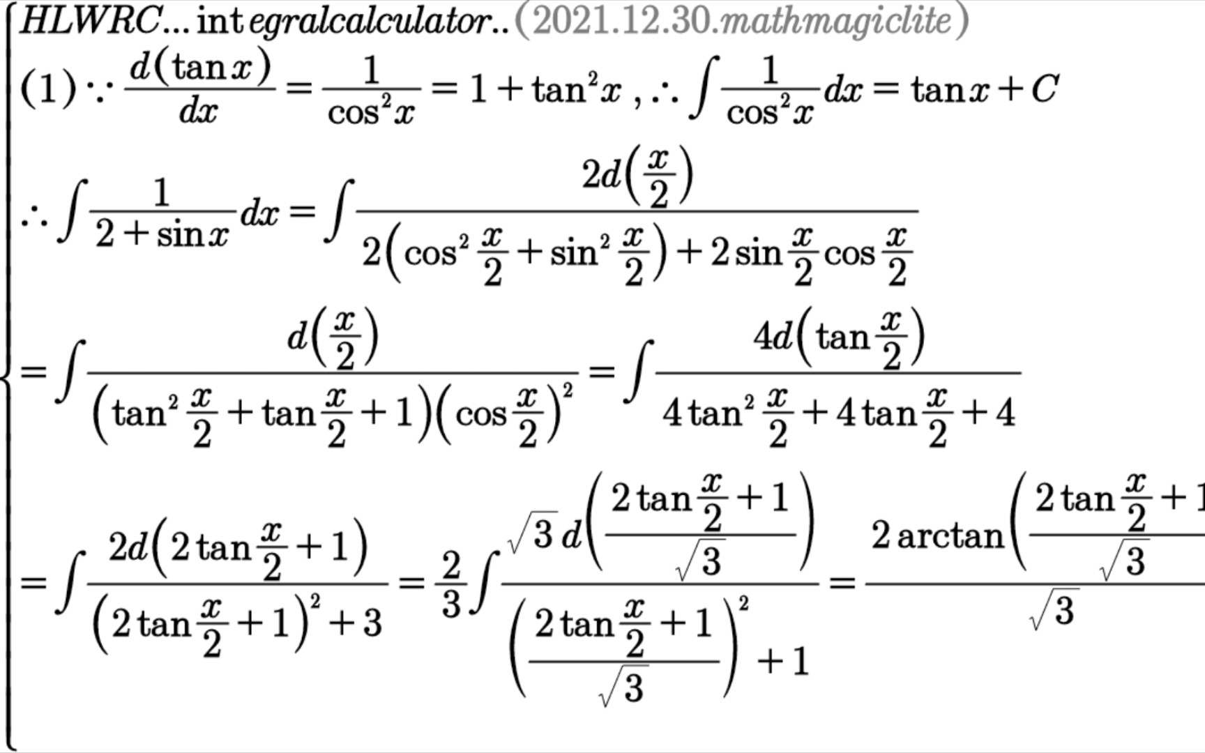 高等数学高数微积分calculus不定积分,万能公式换元法,∫(1/(2+sinx))dx。