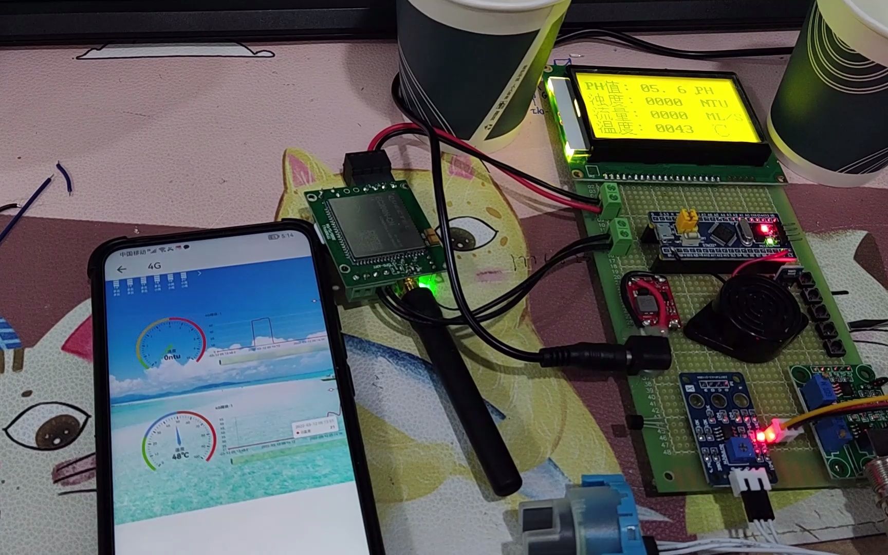 基于STM32-4G模块上云显示水温度,水流量,浊度,PH值