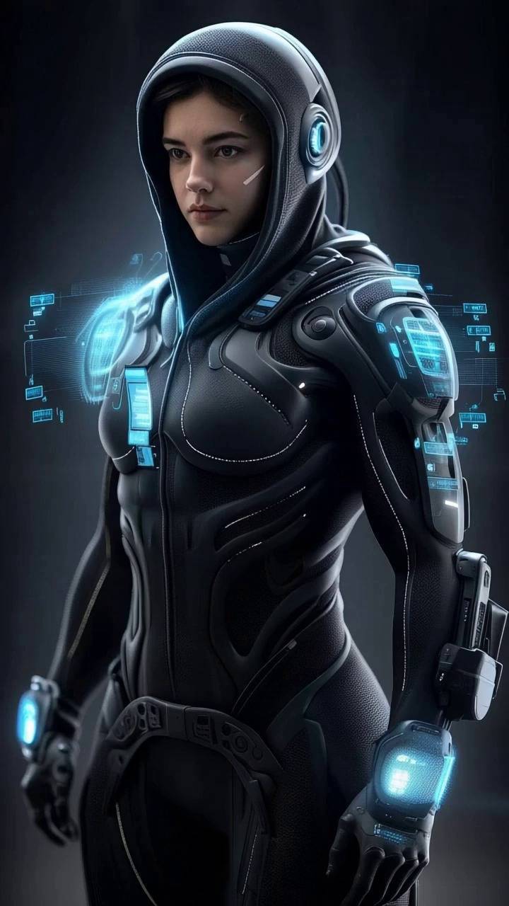 未来主义紧身服装,表面覆盖流动的荧光蓝光线条,科技感细节精致,动态...