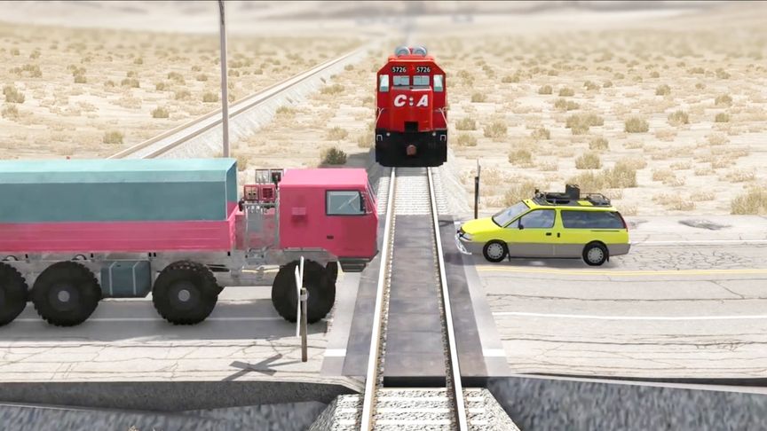 BeamNG:大货车和商务车冲向繁忙的动力火车铁轨,拟真车祸模拟