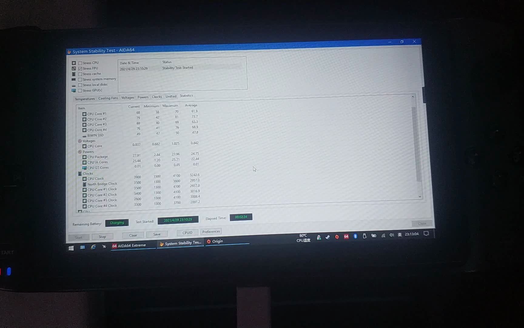 GPD win3 1165版本功耗28W 更换液金后cpu满载温度表现