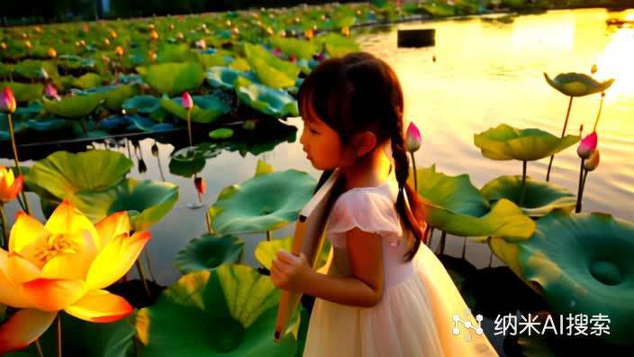 小女孩抱着画板,站在普者黑荷塘间 #五月AI云游记