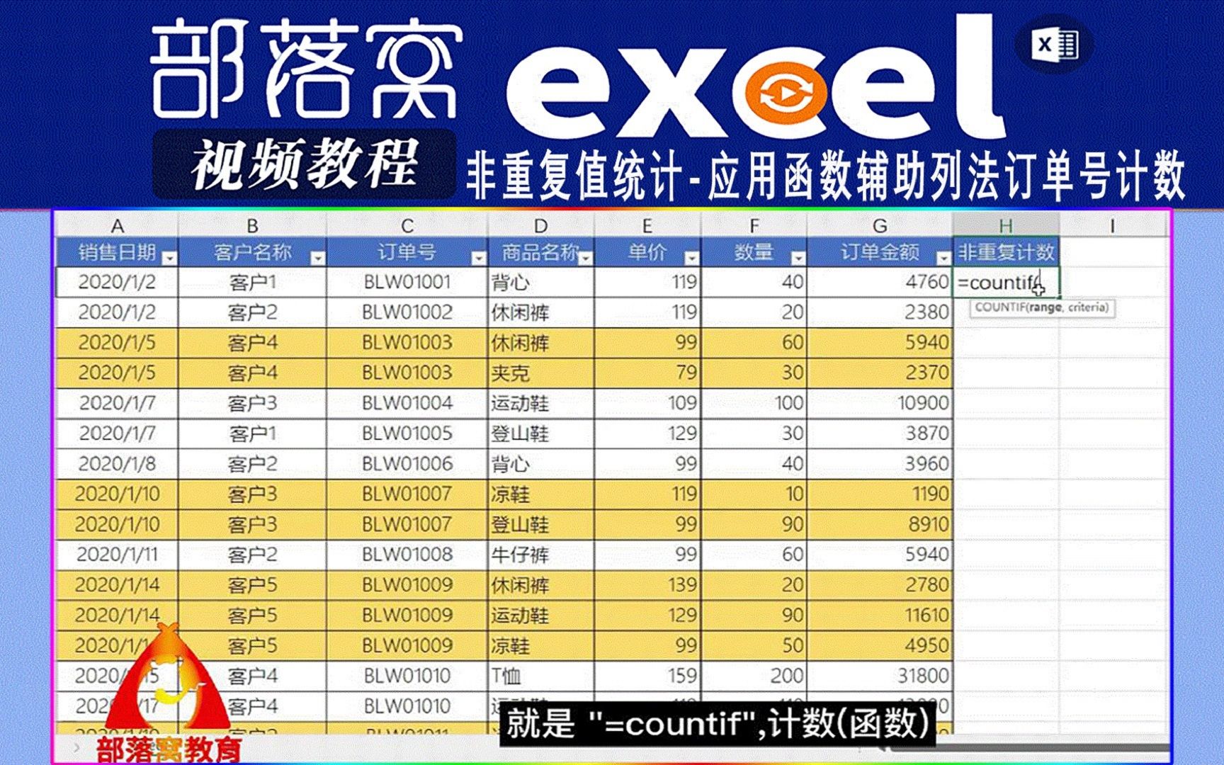 excel非重复值统计视频:应用函数辅助列法订单号计数