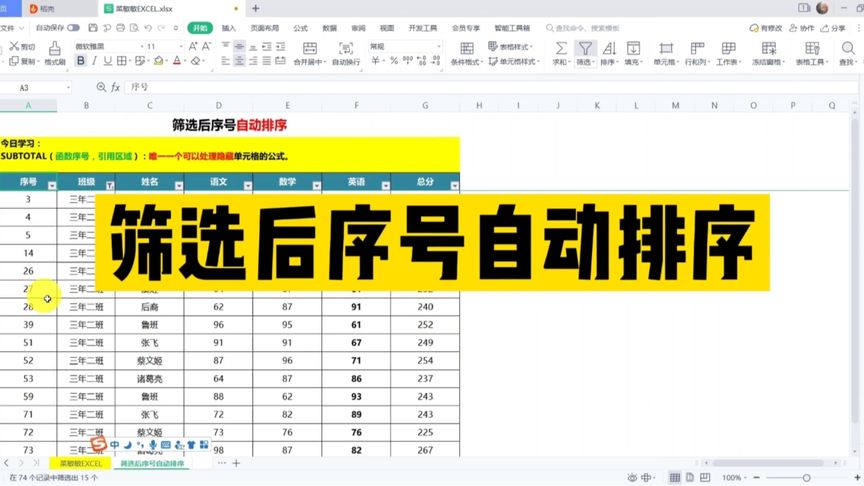 筛选后序号自动排序