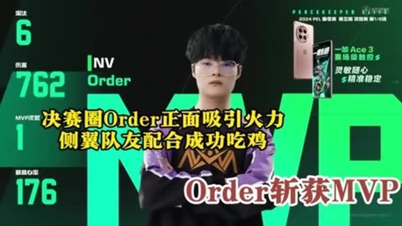 决赛圈Order正面吸引火力,侧翼队友配合成功吃鸡,Order斩获MVP吃鸡...