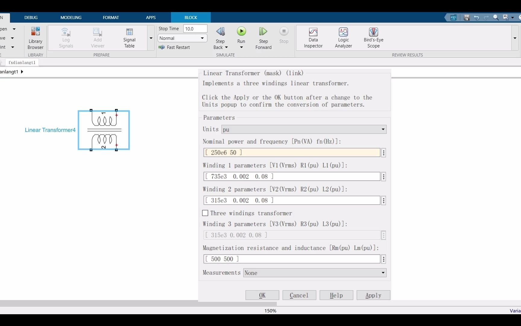 matlab 设置理想变压器