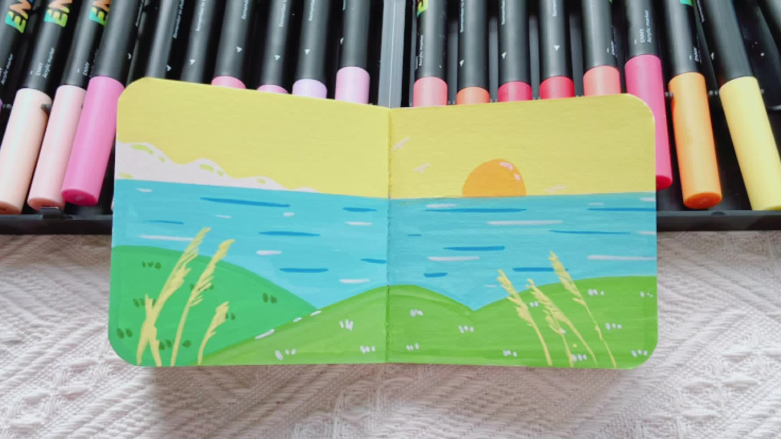 丙烯马克笔·小清新风景画 #丙烯马克笔 #跟着抖音学画画 #绘画教程 ...