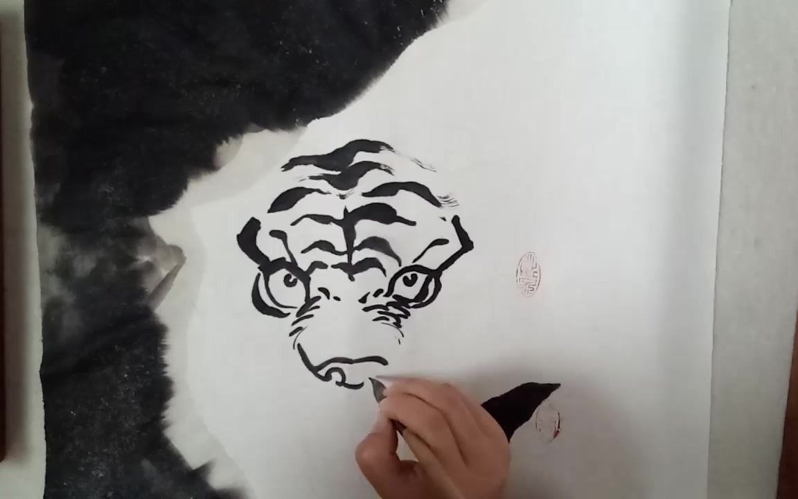 【中国画绘画】水墨老虎:老虎头的画法