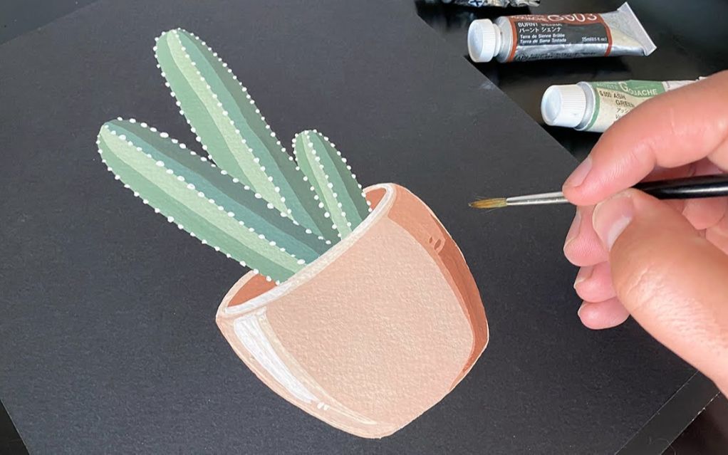 【水粉画】在黑色的纸张上使用水粉画一个仙人掌 水粉很便宜系列