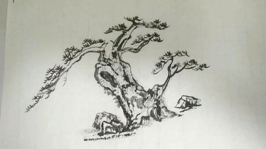 国画松树的画法,四面出枝,书法用笔
