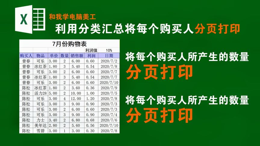 利用分类汇总将每个购买人的表格以分页的形式打印