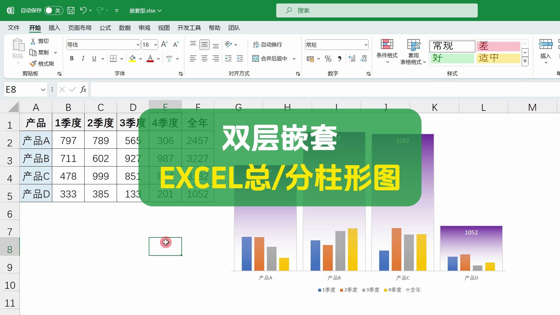 EXCEL双层嵌套图表,总分柱形图制作教程