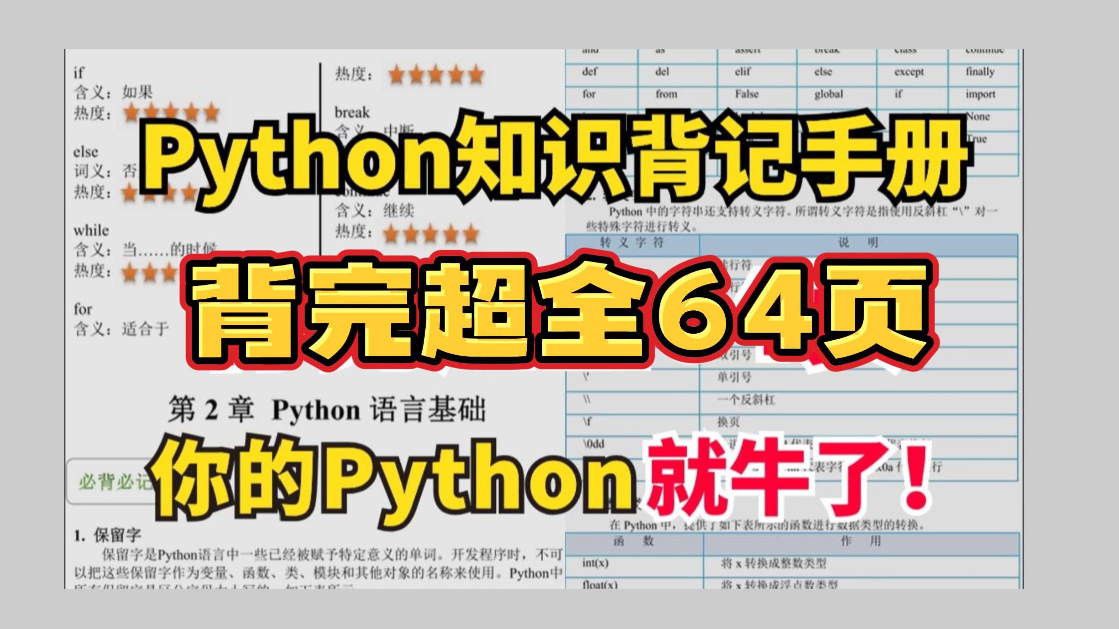 【Python背记手册】强烈建议!Python基础差的同学,死磕这本64页的背...