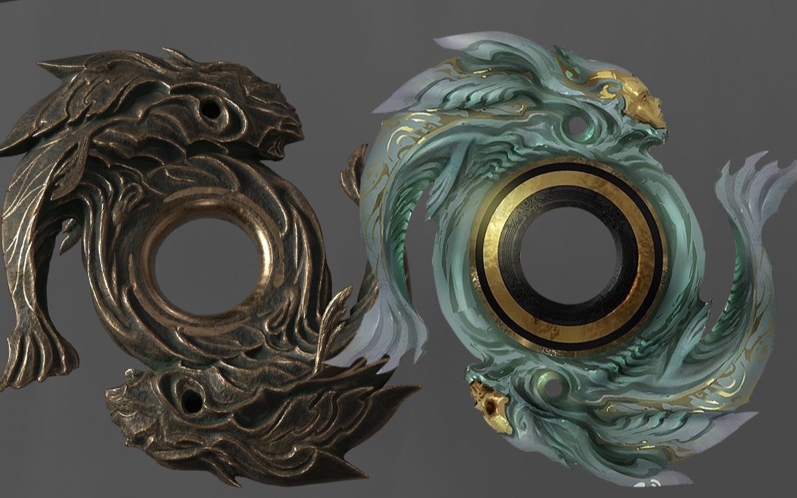 【zbrush建模】“古董双鱼玉佩”游戏道具建模 ,高模细雕,UV拆分,SP...