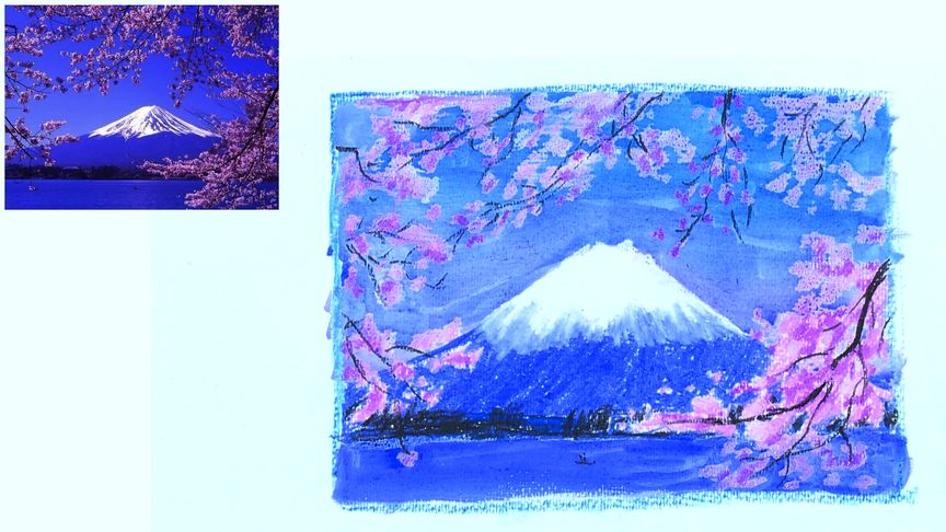 油画棒水彩画富士山 #绘画教程 #油画棒风景画