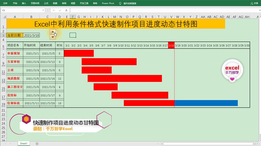 Excel中快速制作项目进度动态甘特图,利用条件格式,简单高效!