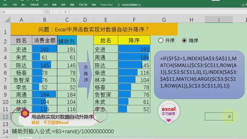 Excel中用函数实现对数据的自动升降序,不用宏代码,简单实用!