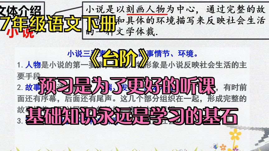 初中7年级语文下册《台阶》第1课时,字词预习,结构分析