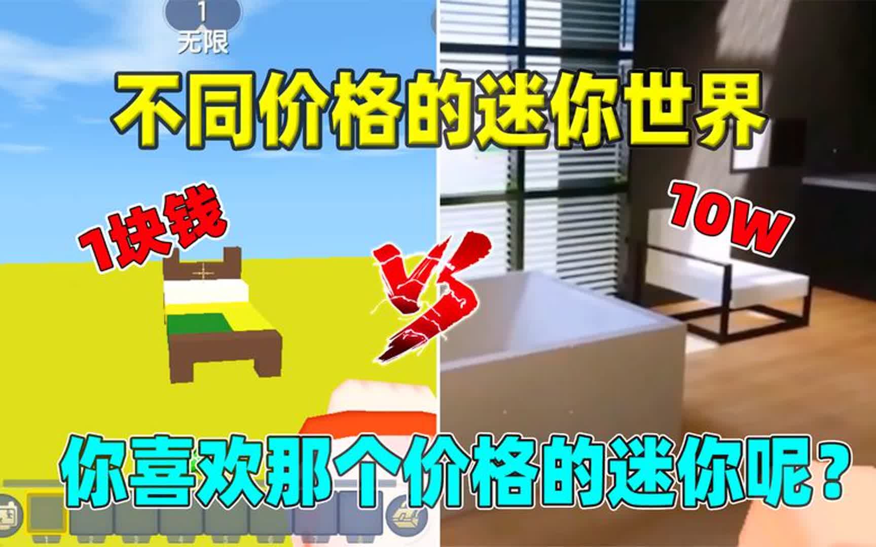迷你世界:不同价格的迷你!1元是马赛克,10万和现实一模一样?