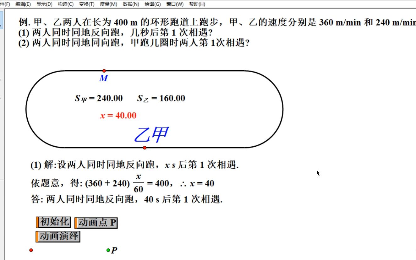 环形跑道上反向跑步相遇问题精讲,几何画板动画演绎