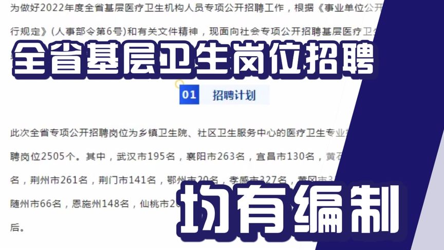 全省基层医疗卫生单位招聘,全部有编制,湖北岗位,专科可报